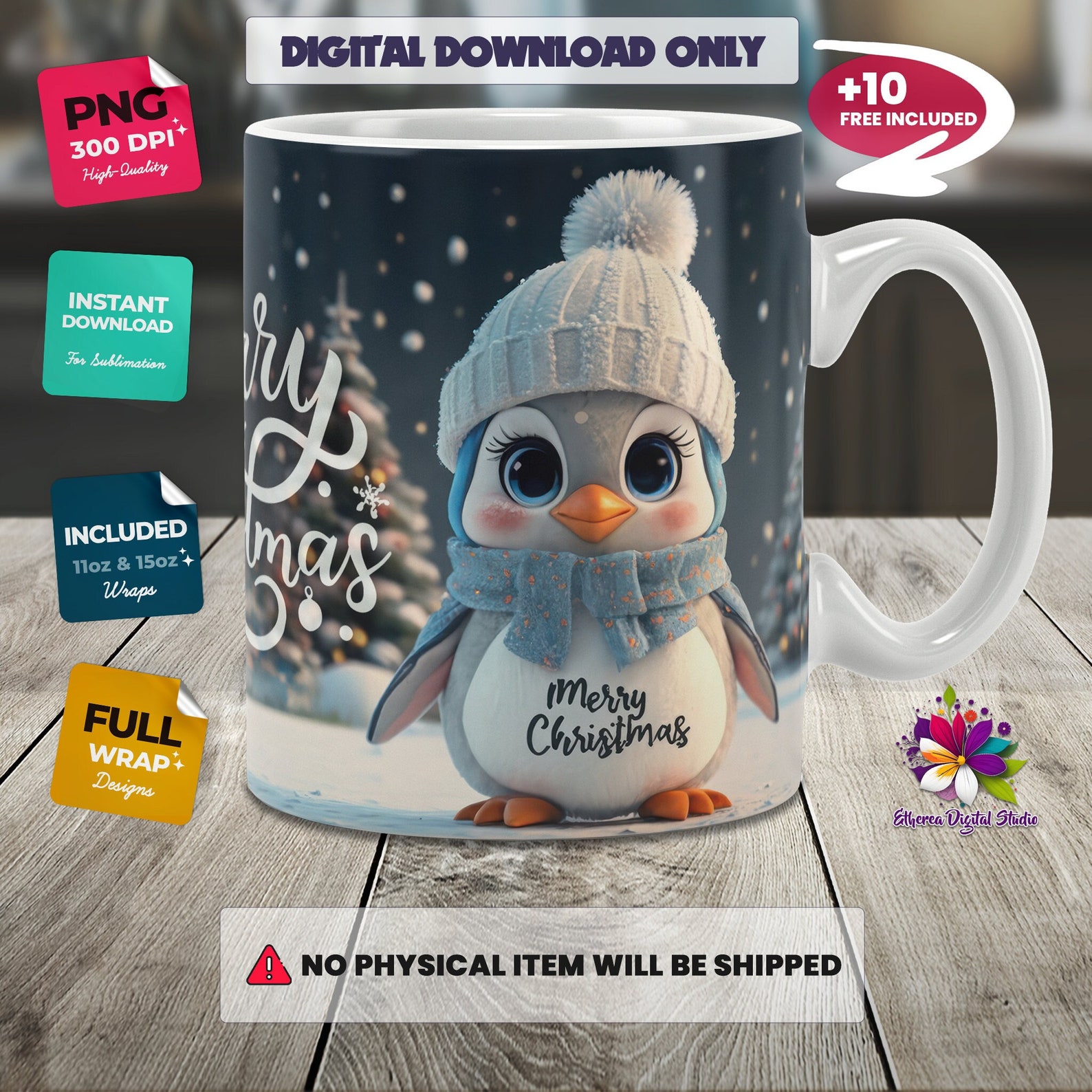 Christmas Penguin Mug Wrap Sublimation Design, 3D Penguin Mug PNG, 3D ...