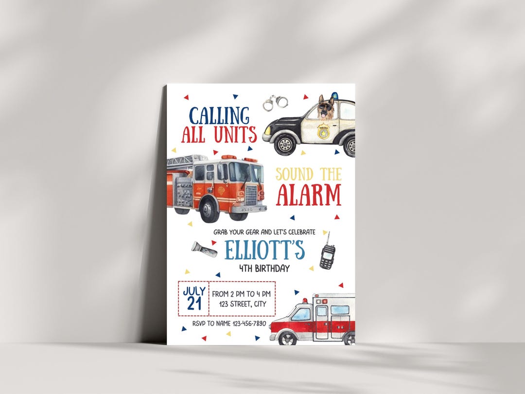 Emergency Vehicles Birthday Invitation: First Responders Party ...