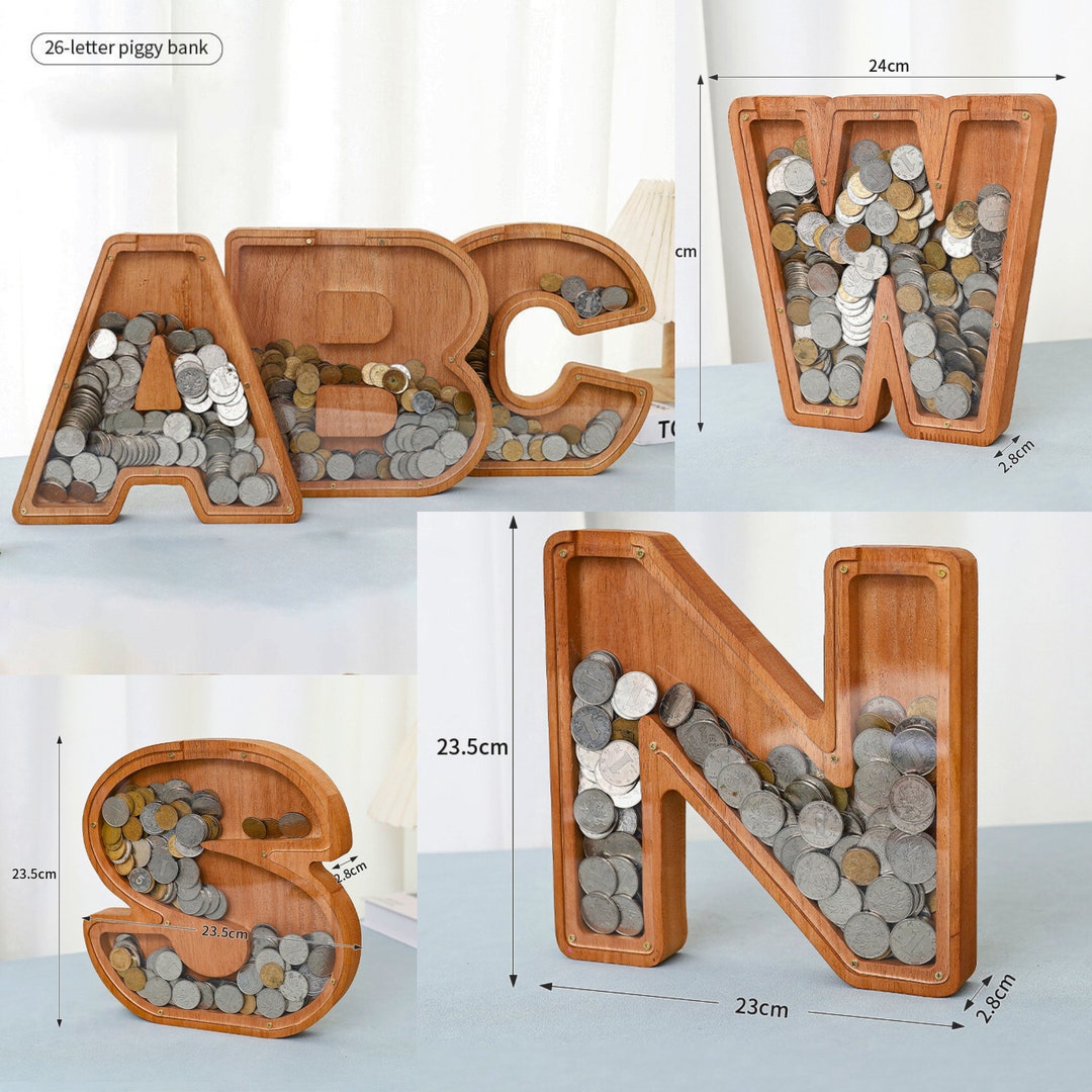 Large Wooden Alphabet Piggy Bank, 26-letter Coin Storage Box, Money ...