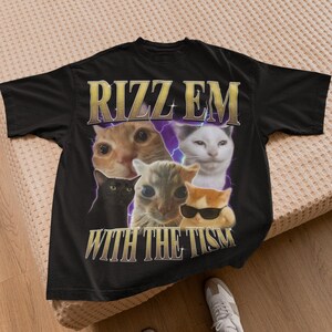 Rizz Em With the Tism Vintage Graphic Tee, Retro 90s Funny Cat Meme ...
