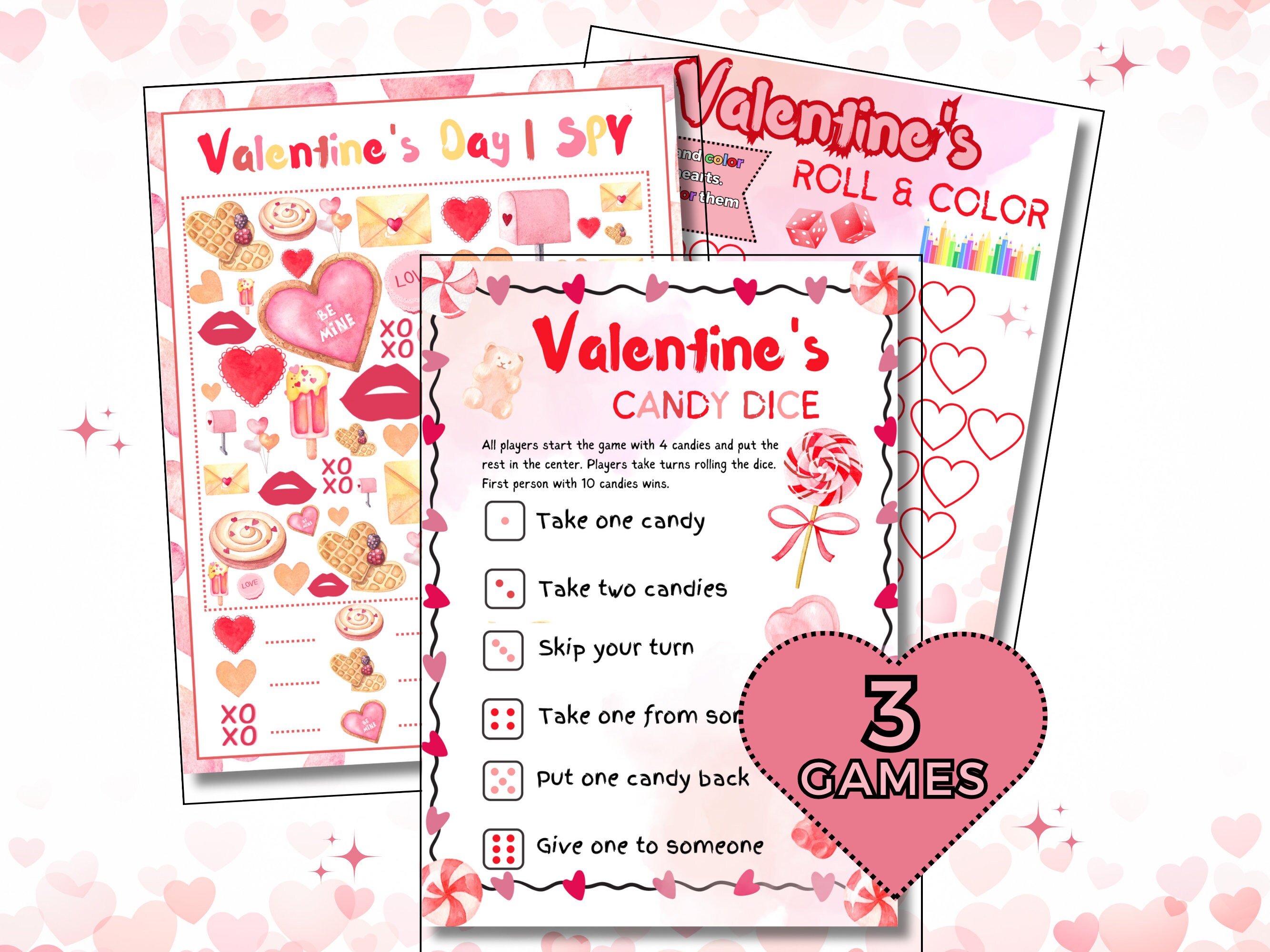 Valentine's Game Bundle I Spy Game Candy Dice Roll and Color, Printable ...