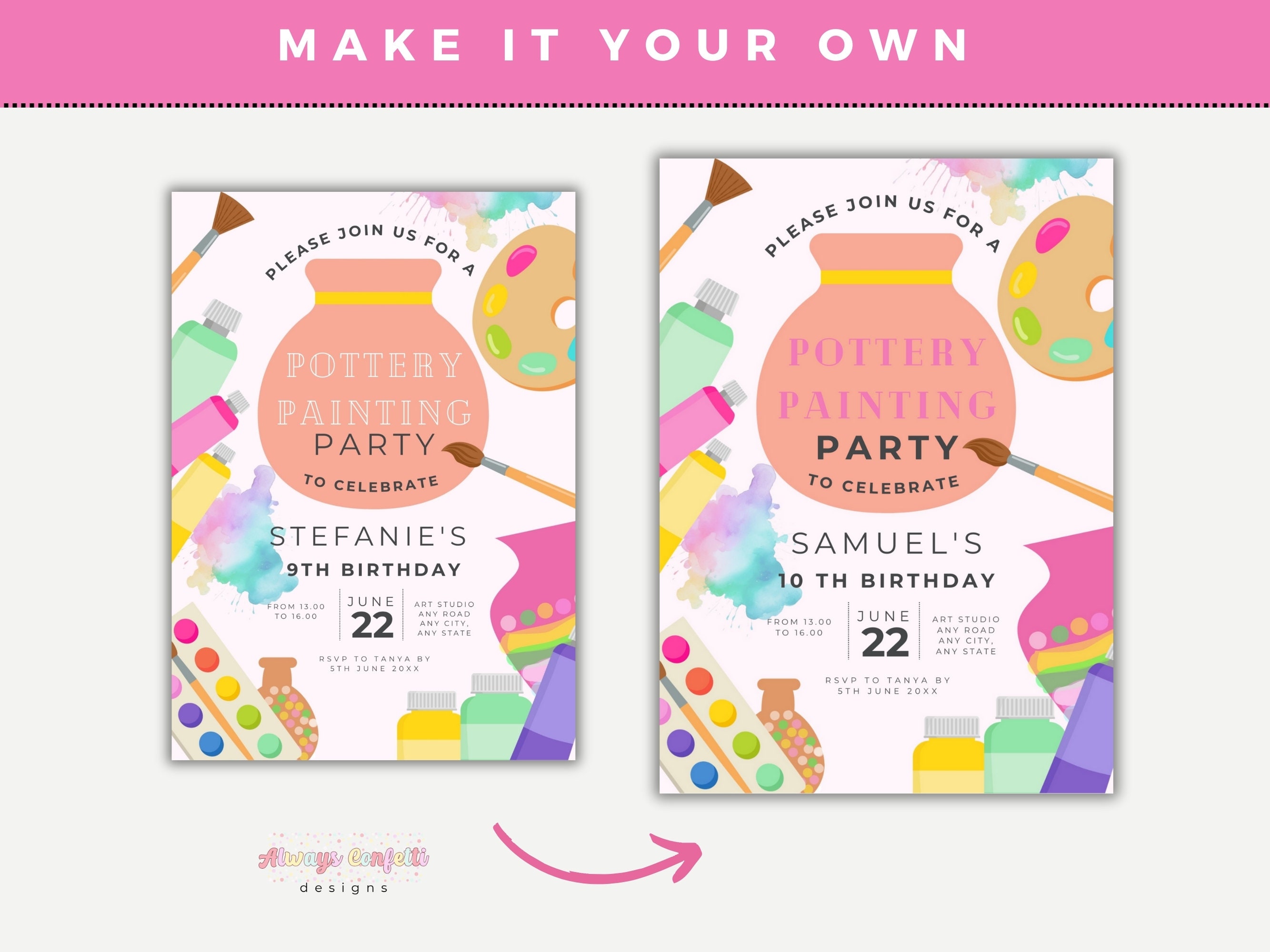 Pottery Painting Party Invitation: Editable Art Birthday Invite ...