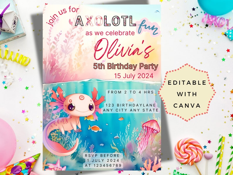 Axolotl Birthday Invitation, Editable Axolotl Birthday Invitation ...