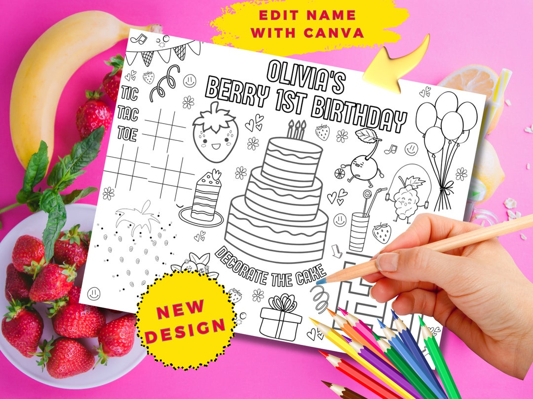 Berry 1st Birthday Placemat, Strawberry First Birthday Party Coloring ...