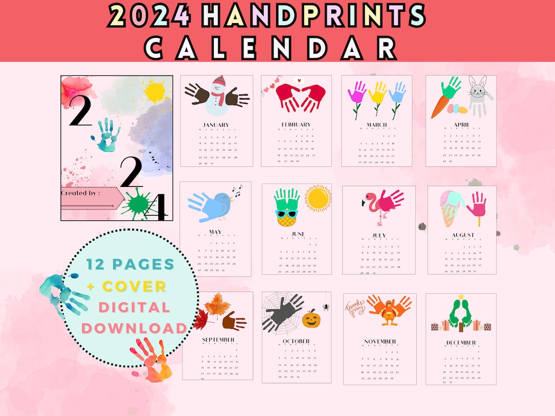 2024 Hand Print Calendar, 12 Pages Printable, Keepsake for Kids Baby ...