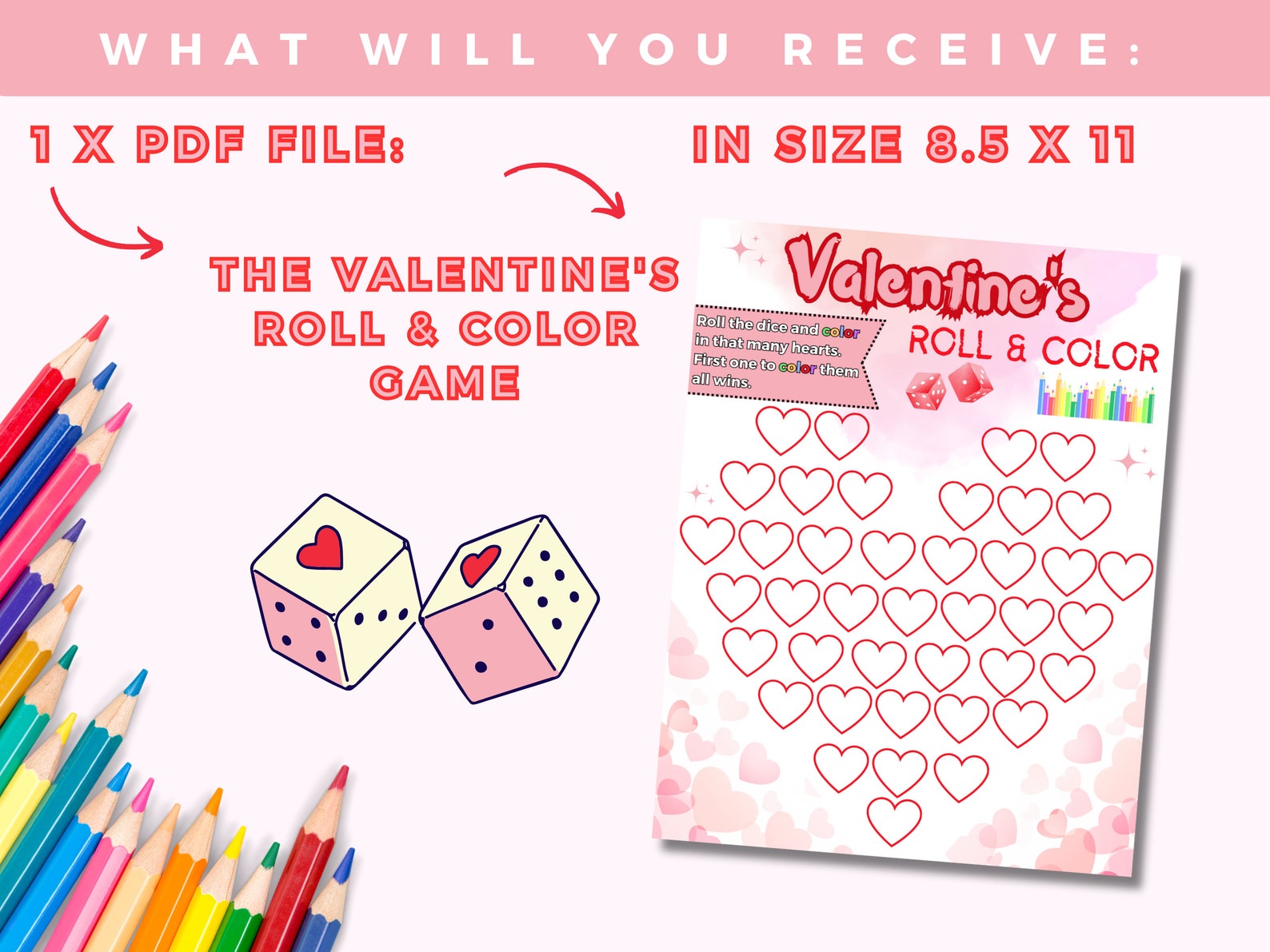 Valentines Day Game, Valentines Day Roll and Color Game, Valentines ...