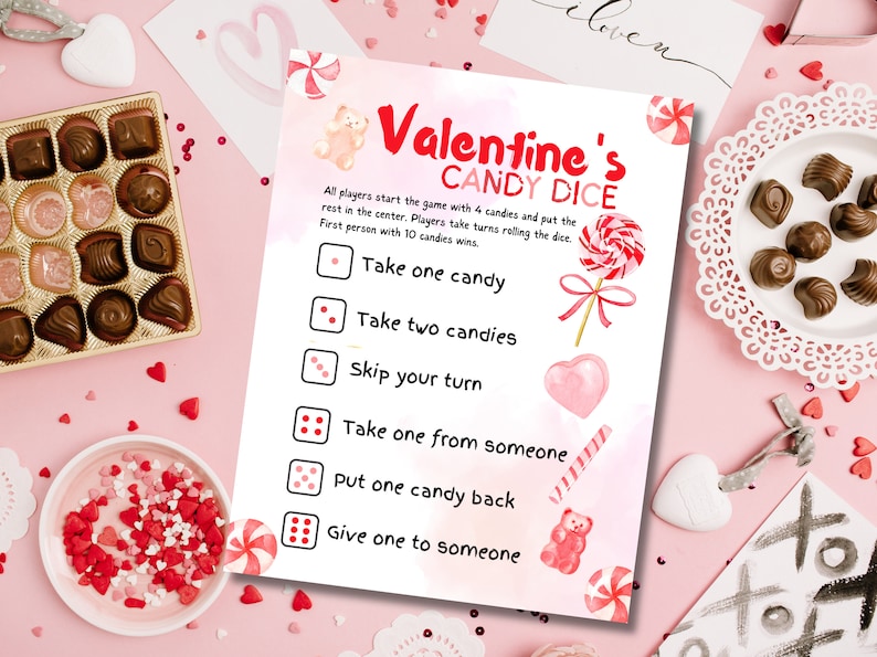 Valentines Day Candy Dice Game, Printable Valentines Day Game for Kids ...