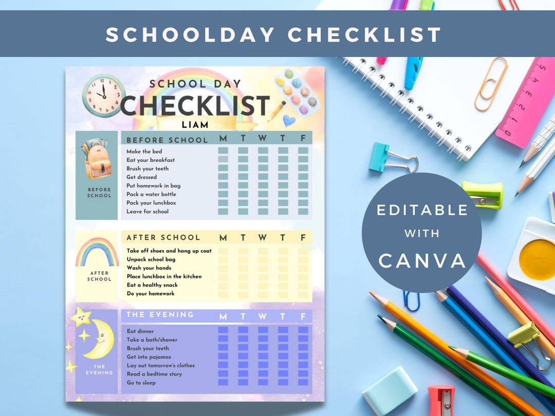 School Day Checklist Kids NEW, ADHD Daily School Checklist, Printable ...