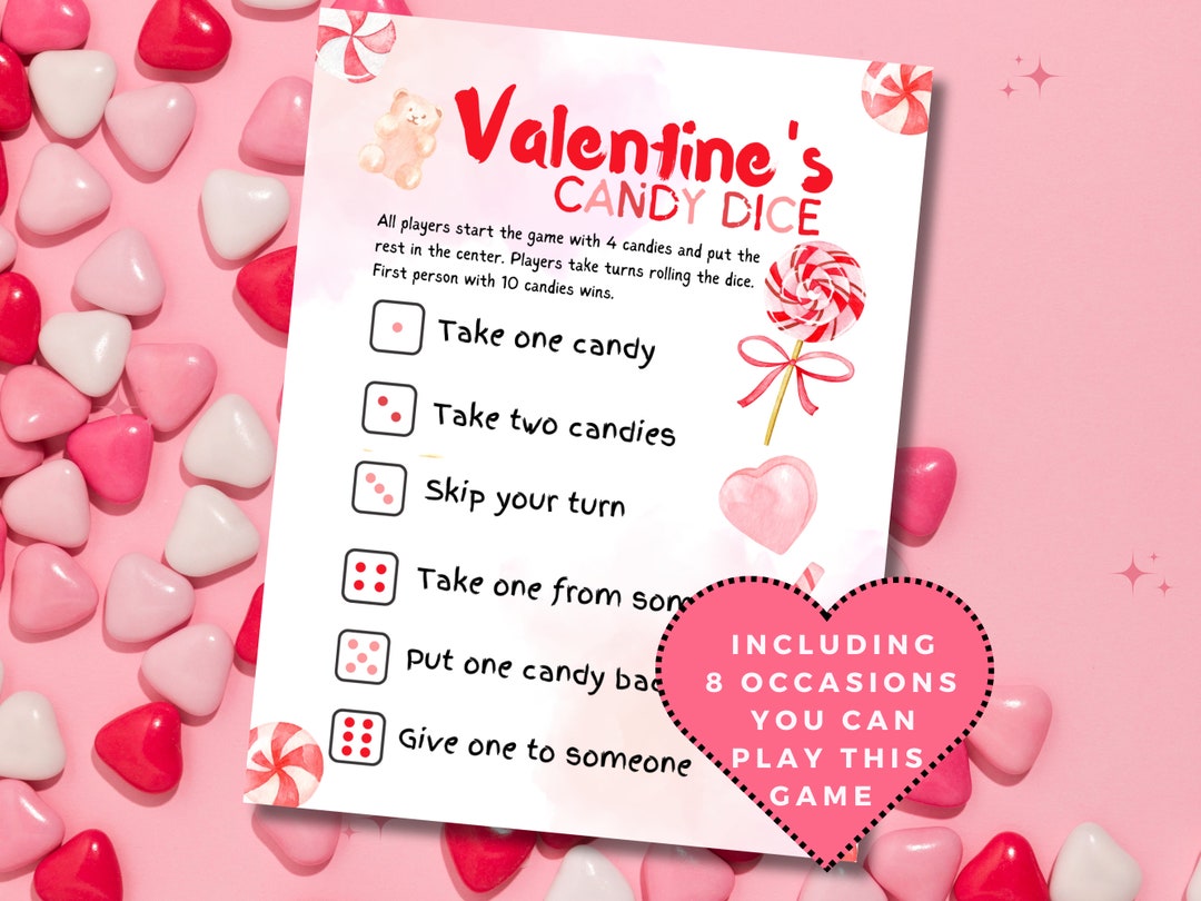 Valentines Day Candy Dice Game, Printable Valentines Day Game for Kids ...