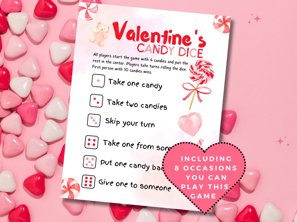 Valentines Day Candy Dice Game, Printable Valentines Day Game for Kids ...