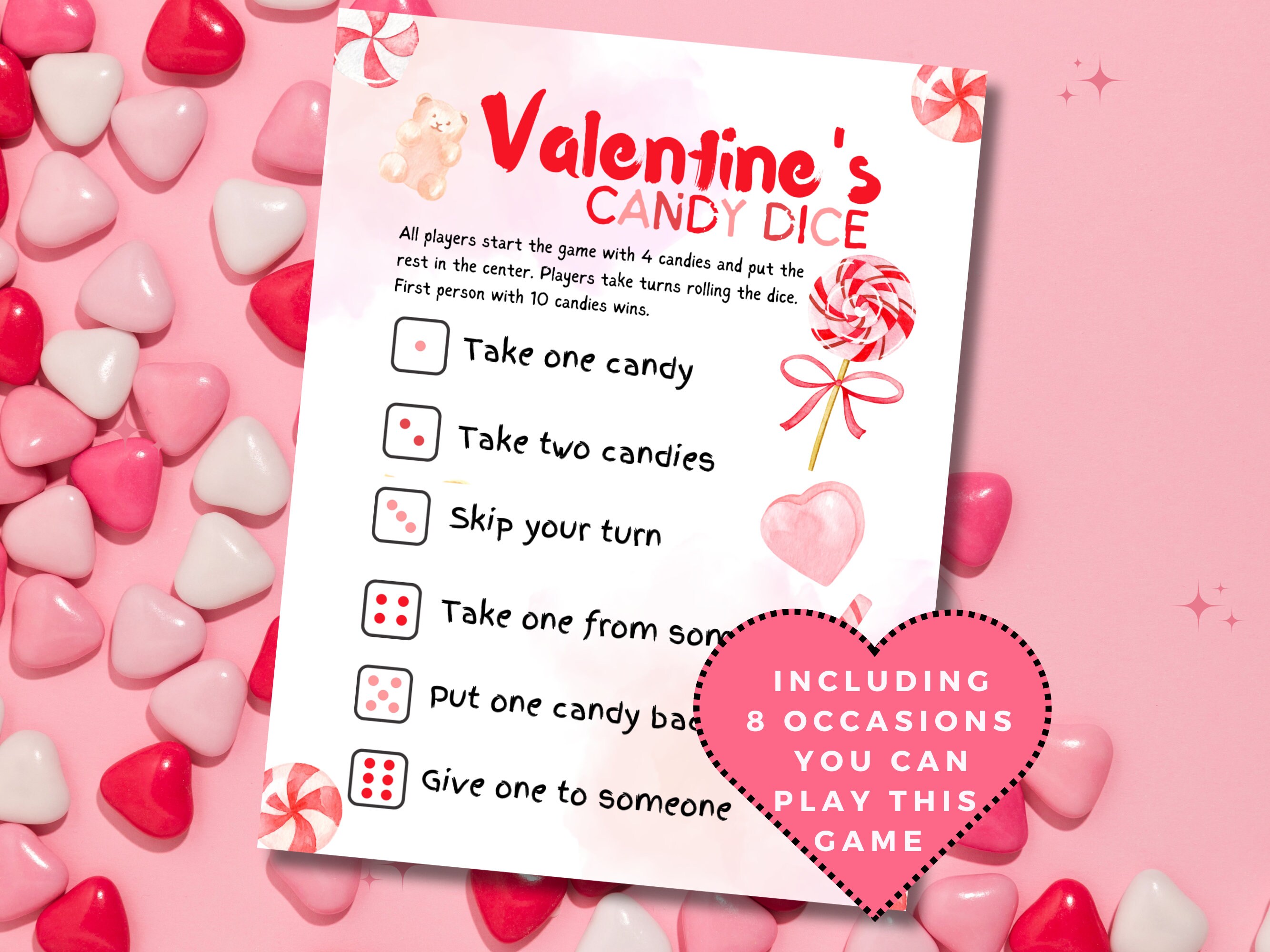 Valentines Day Candy Dice Game, Printable Valentines Day Game for Kids ...