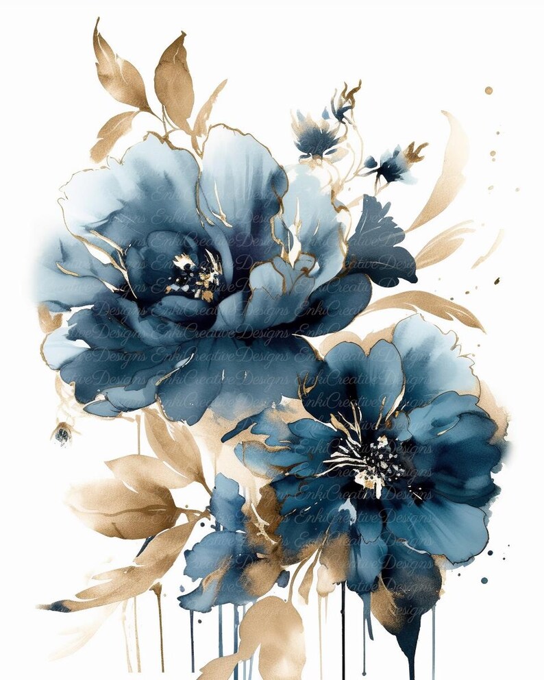 10 Blue Abstract Flowers Clipart, Watercolor Flower Prints, High ...