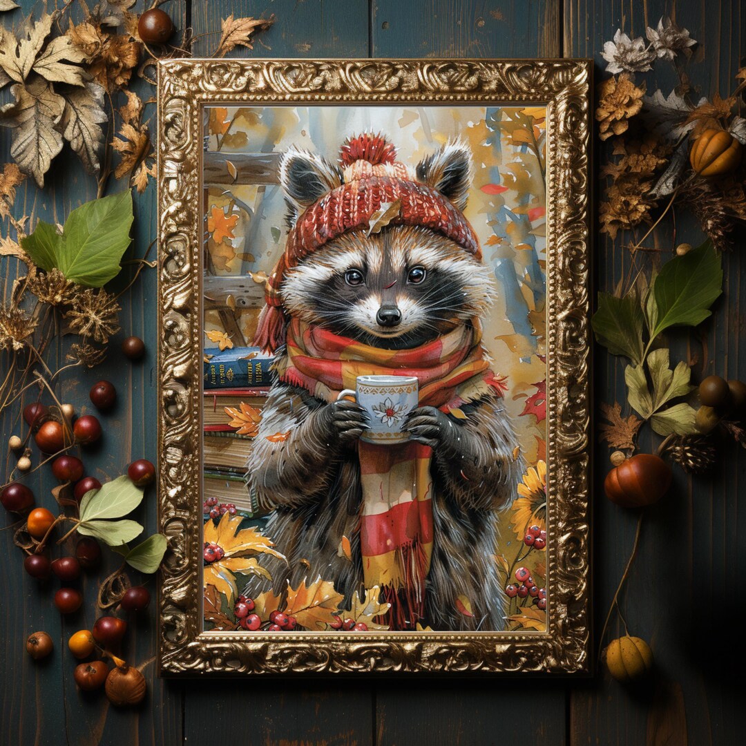 Racoon Poster Autumn Wall Art For Fall Lover Dark Cottagecore Cute Gift ...