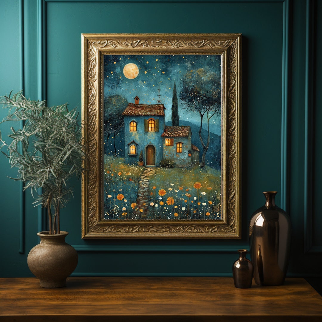 Dark Cottagecore Cottage Poster Vintage Art Print Goblincore Night Moon ...