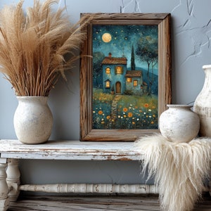 Dark Cottagecore Cottage Poster Vintage Art Print Goblincore Night Moon ...