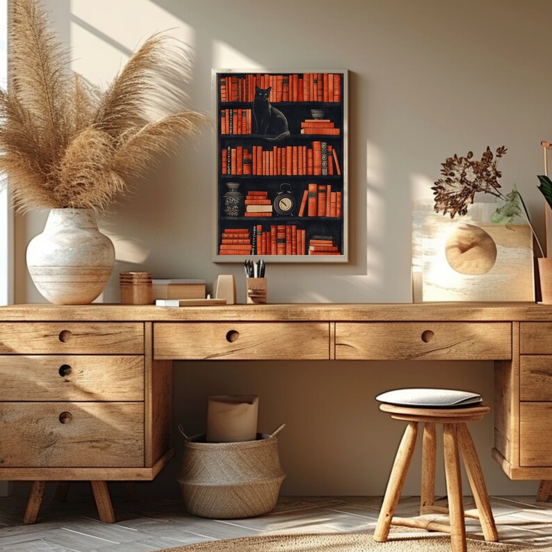 Dark Academia Poster Black Cat Bookshelf Decor Bookish Art Print ...