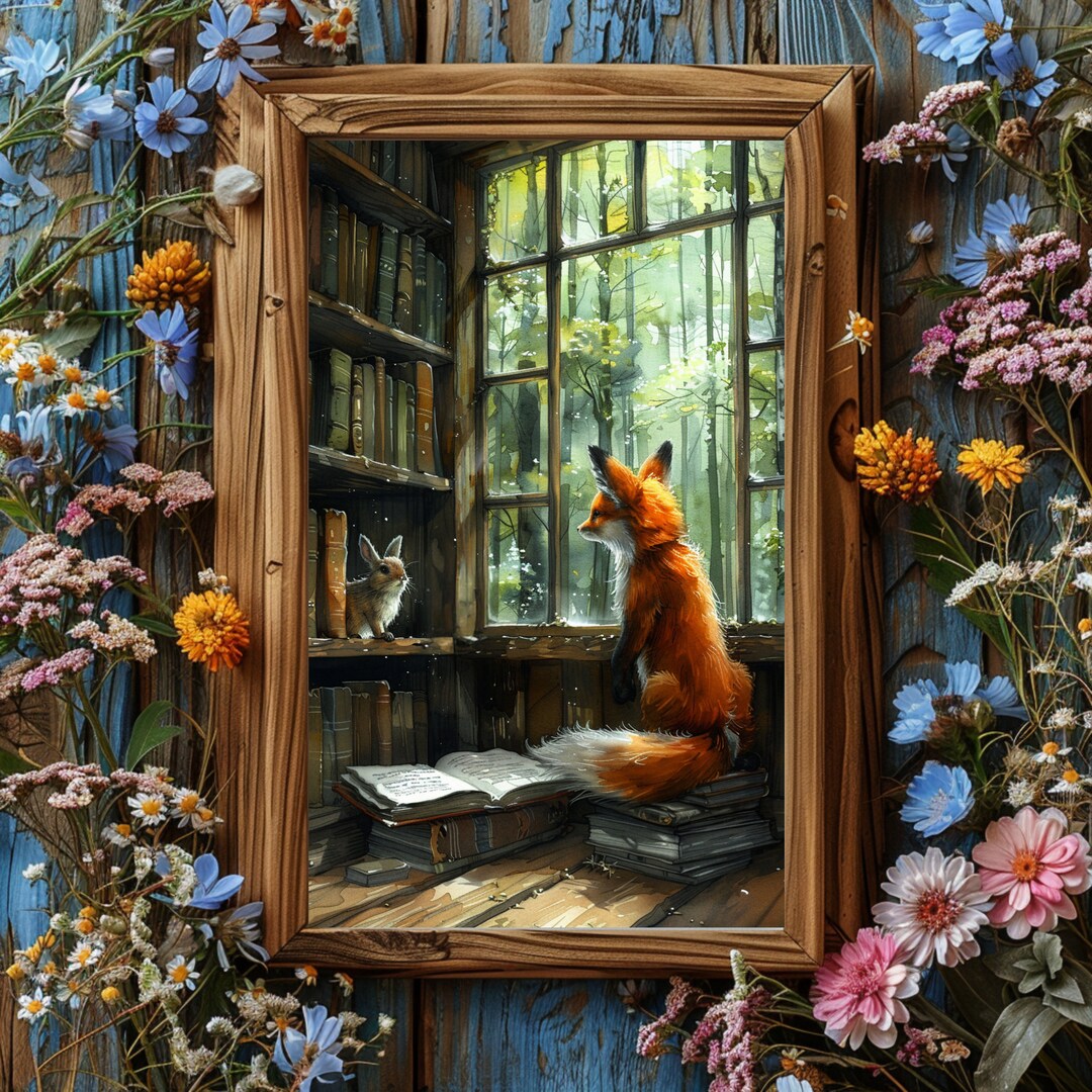 Whimsical Fox Hare Poster Forestcore Style Painting Print Dark Academia ...