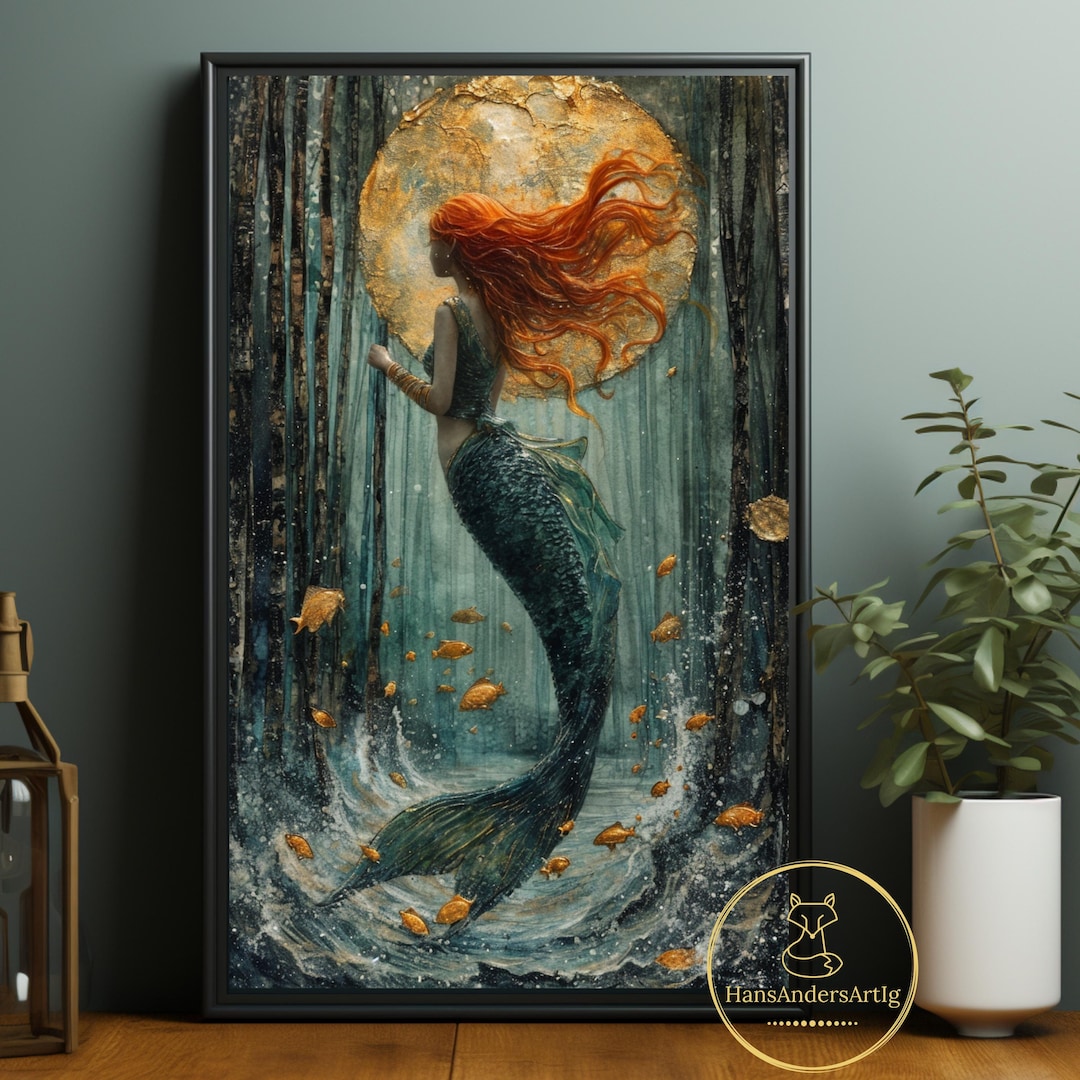 Mermaid Poster Whimsical Wall Decor Under Water Art Print Vintage Style ...