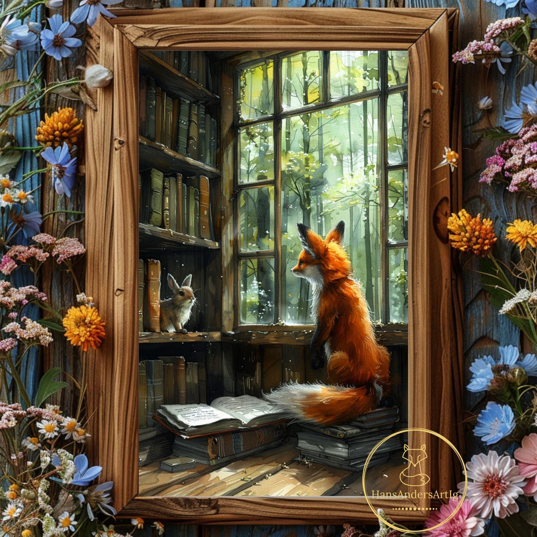 Whimsical Fox Hare Poster Forestcore Style Painting Print Dark Academia ...