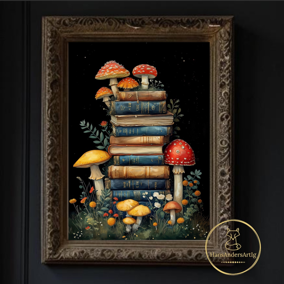 Whimsical Mushroom Book Poster Whimsy Library Decor Dark Academia Print ...