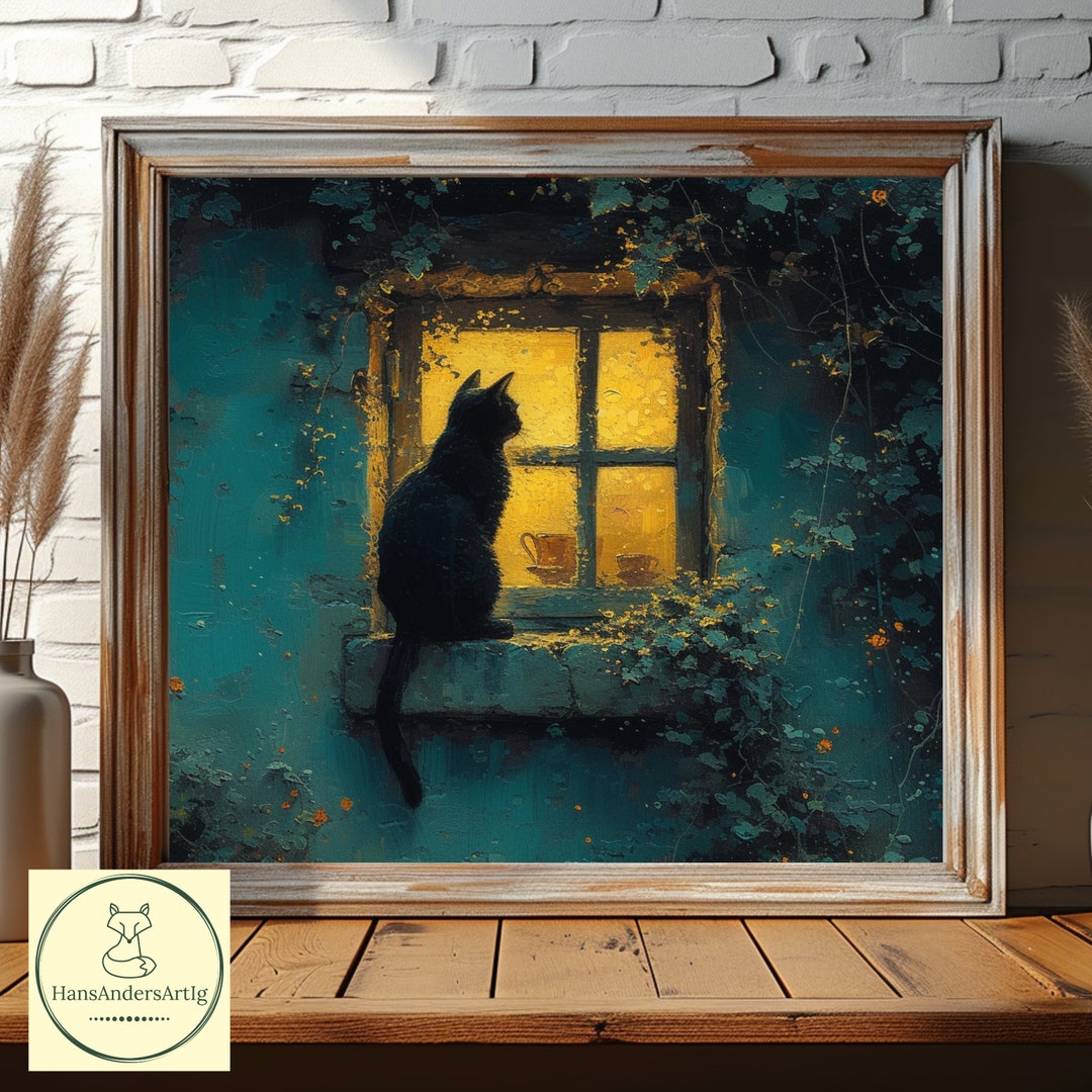Poster Black Cat Window Vintage Style Painting Print Cat Lover Art Dark ...
