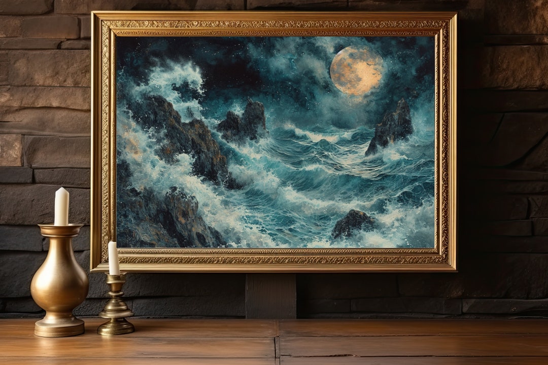 Poster Storm Surge Art Print Sea Waves Rocks Moody Moon Night Vintage ...