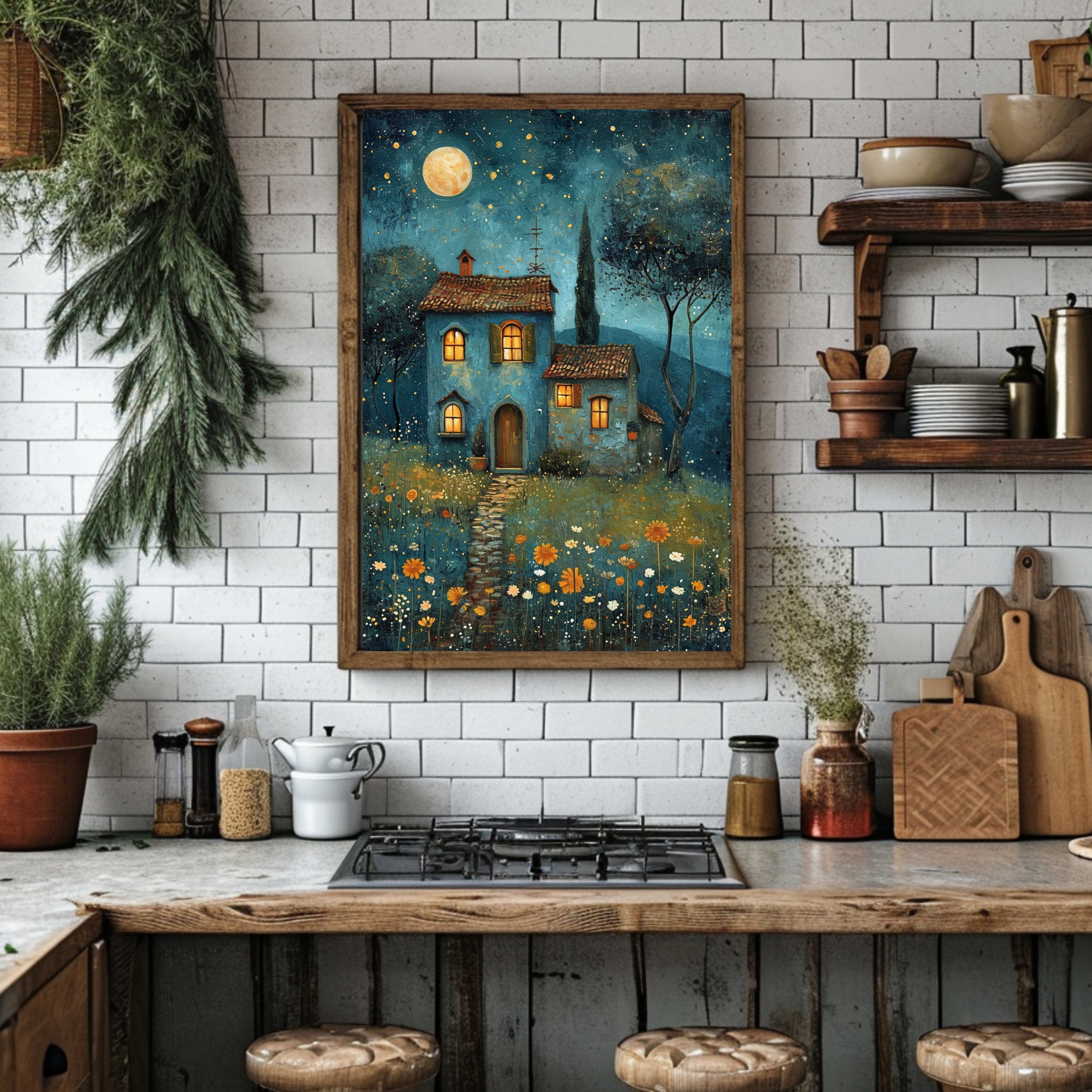 Dark Cottagecore Cottage Poster Vintage Art Print Goblincore Night Moon ...