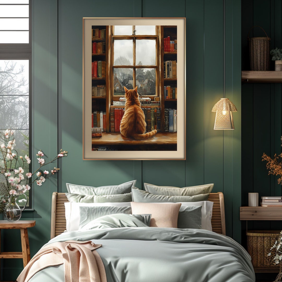 Orange Tabby Cat Poster Whimsical Art Home Decor Print Book Lover Wall ...