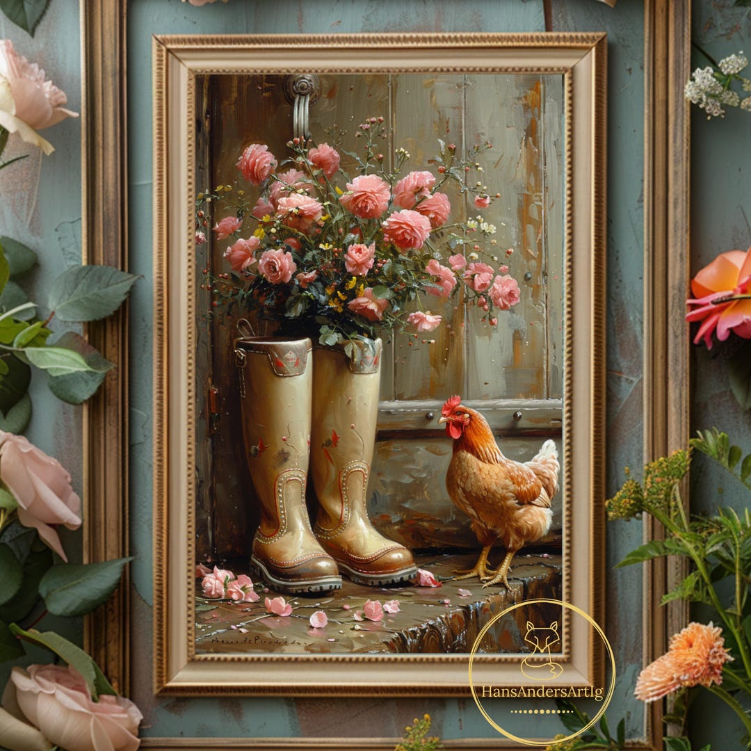 Cottagecore Wall Art Poster Chicken Gumboot Art Print Vintage Style ...