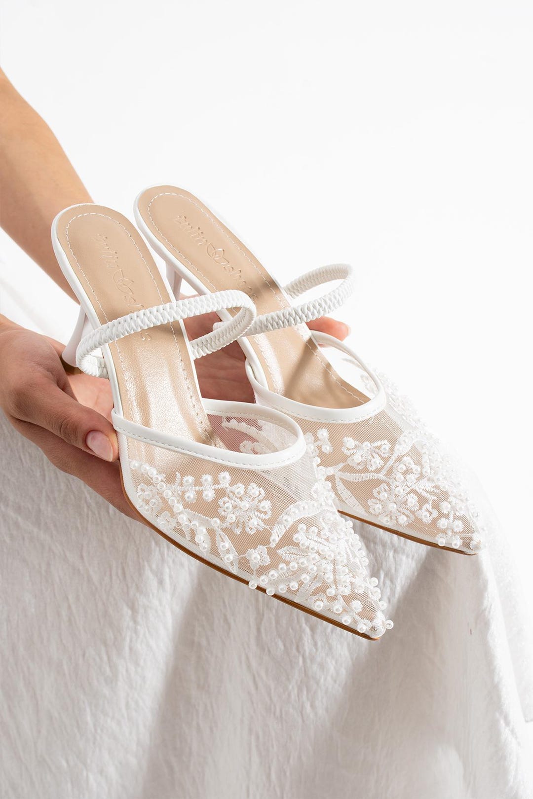 Women Beaded Embroidered High Heel Bridal Wedding Shoes Elegant White ...