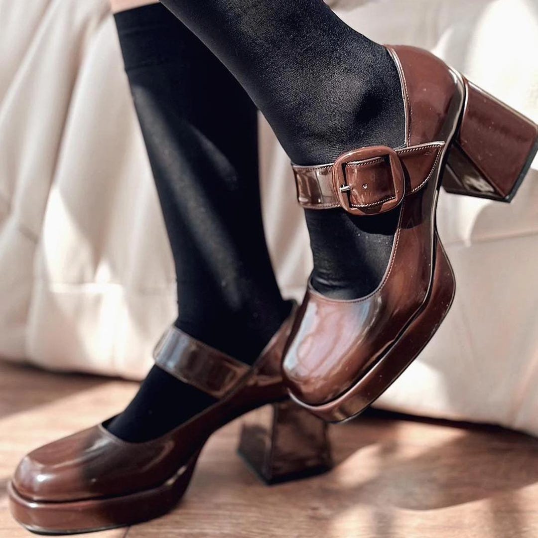 Stylish Patent Leather, Brown Mary Jane With Buckle, Block Heeled Mary Jane, Women's Shoes ...