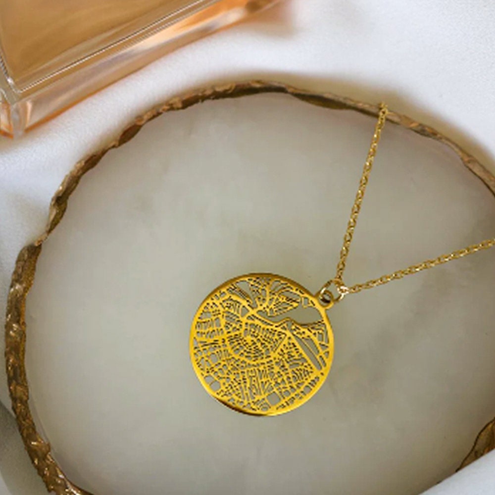 Custom Map Necklace, Circle Pendant With Heart Coordinate, Symbol of ...