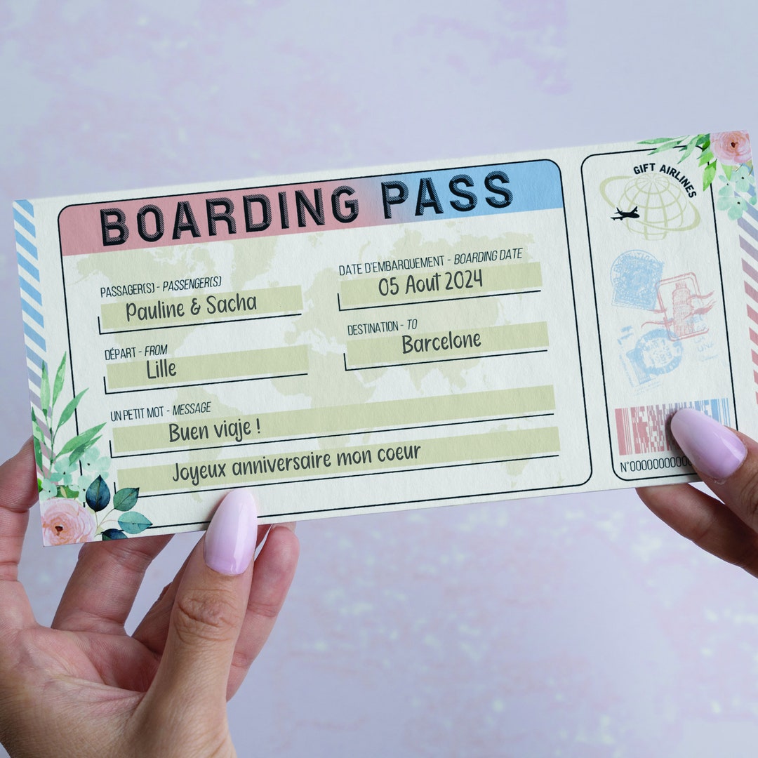 Surprise Travel Boarding Pass Type to Print - Pastel Blue Pink Flowers ...