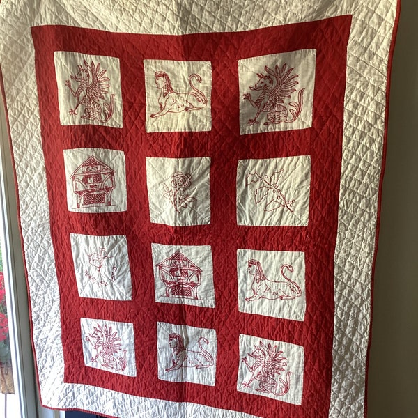 Redwork Quilt - Etsy