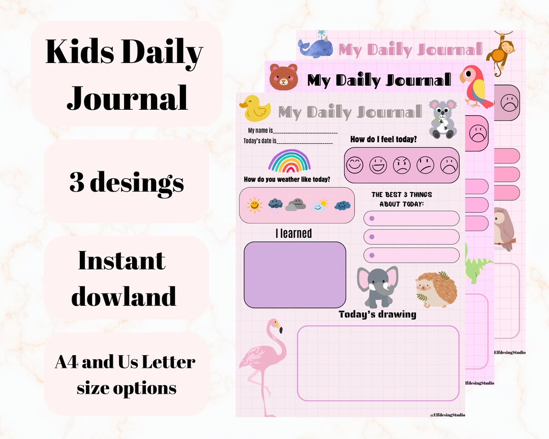 Kids Daily Digital Printable Journal/ 3 Different Desings/ A4 and Us ...