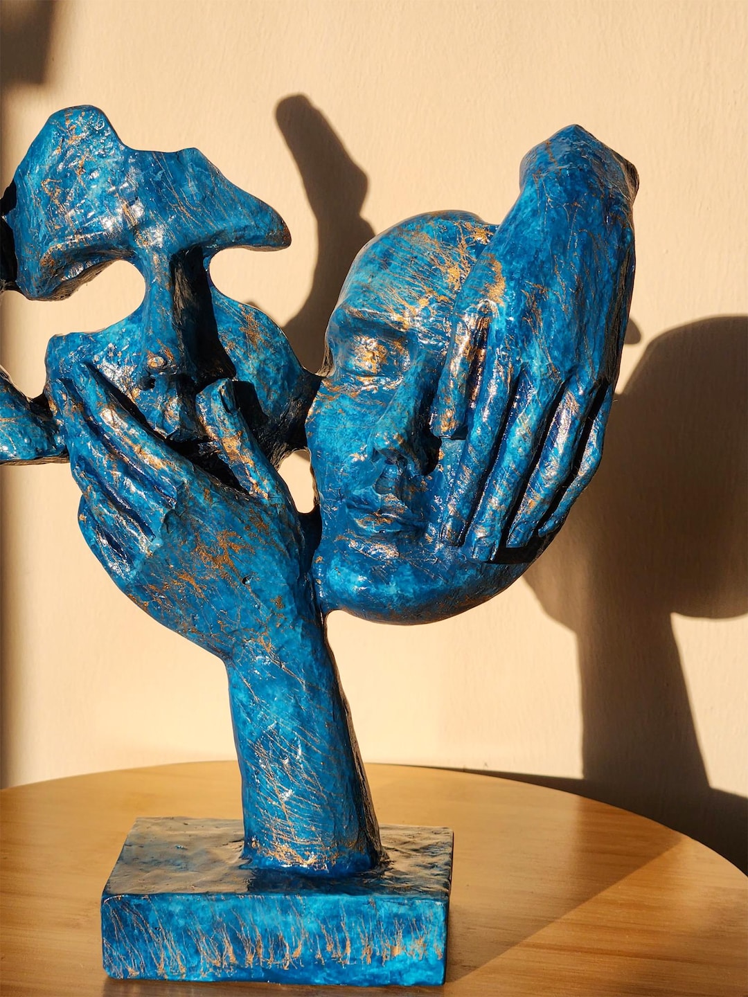 See No Evil Mask Sculpture, Blue Gold Silent Face Art, Abstract Decor ...