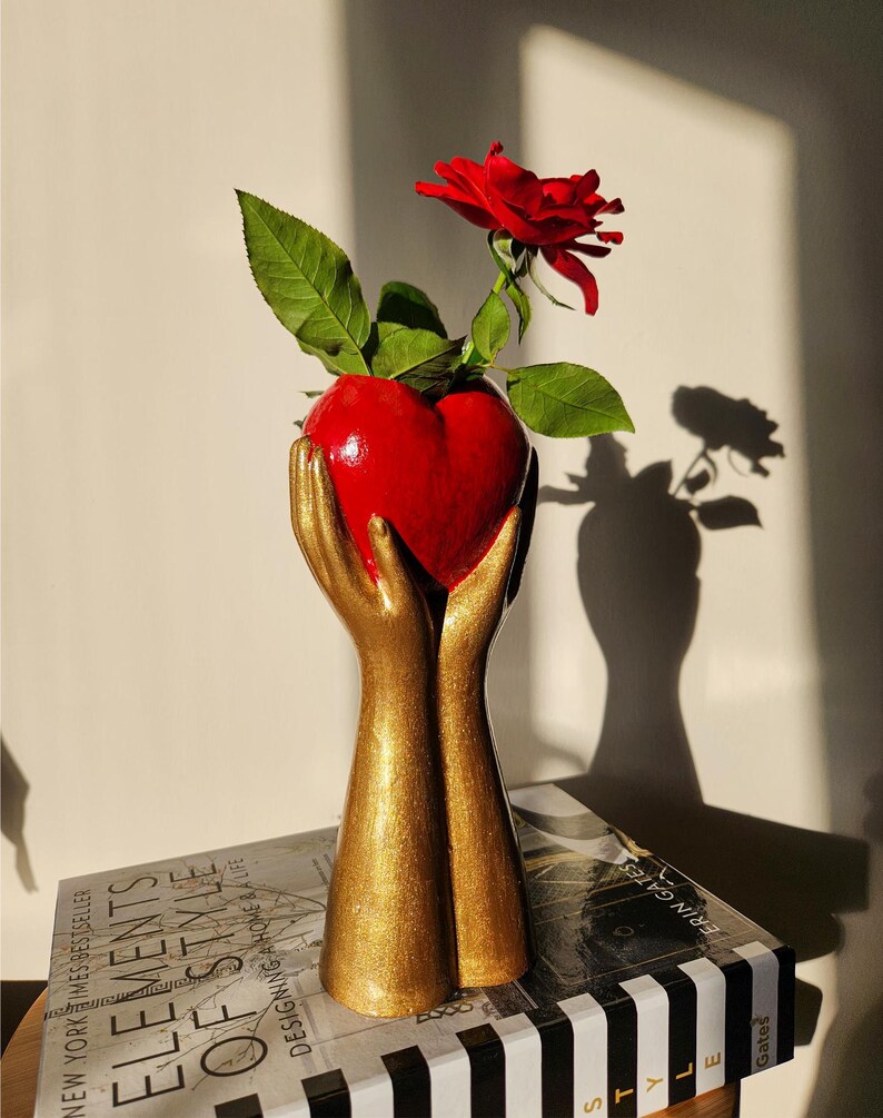Heart in Hand Vase: Red & Gold Statue, Handmade Succulent Pot - Etsy