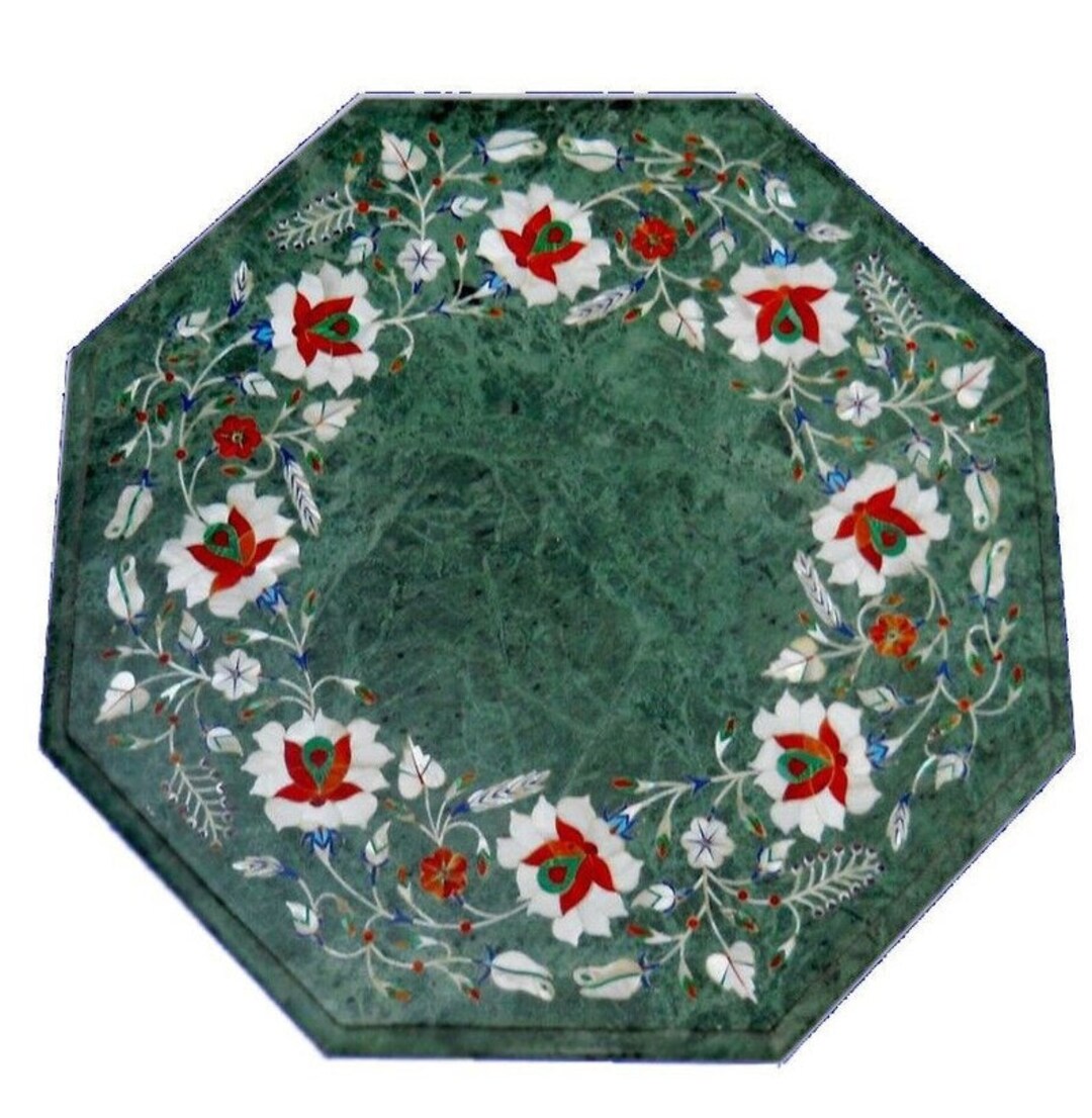 Green Marble Side Table Top / Marble Semi Precious Stones Inlay Table ...