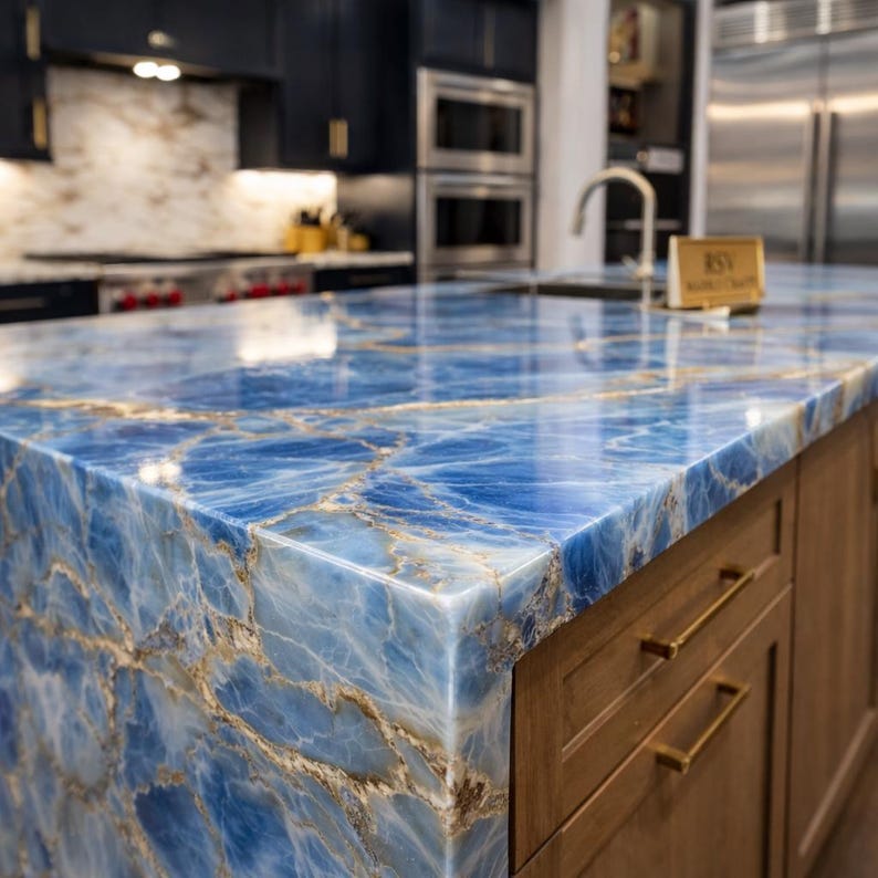 Custom Rare Blue Onyx Kitchen Island Countertop | Luxury Blue Onyx ...