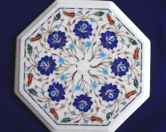 White Marble Corner Side Table Top Handicraft Semi Precious Stones Art ...