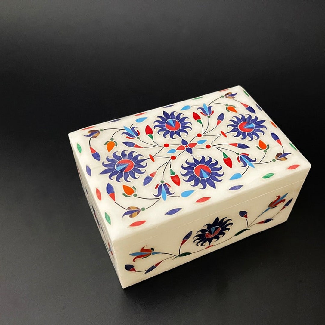 Alabaster Marble Jewelry Box / Trinket Box With Inlay Work, 6x4x3 Inch ...