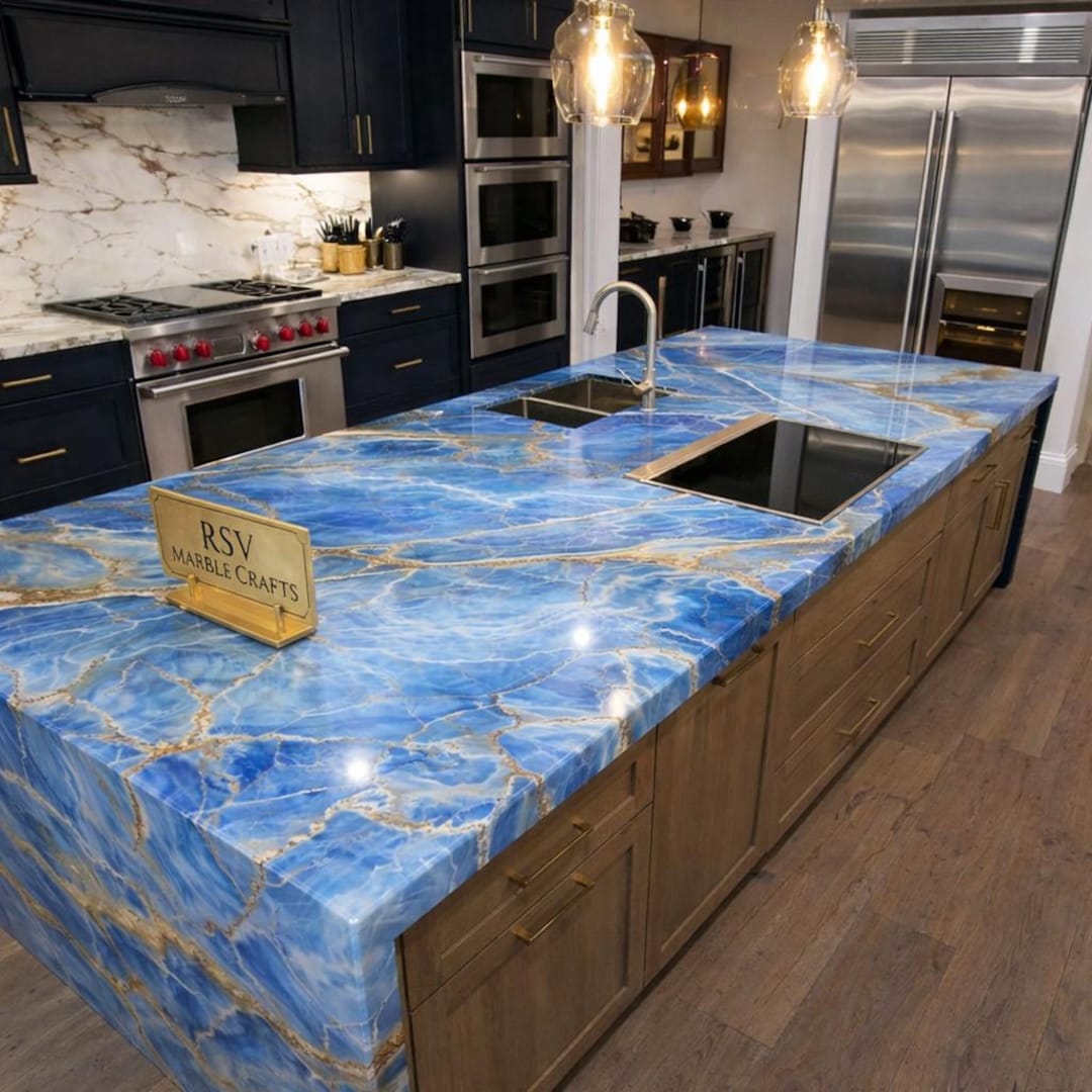 Custom Rare Blue Onyx Kitchen Island Countertop | Luxury Blue Onyx ...