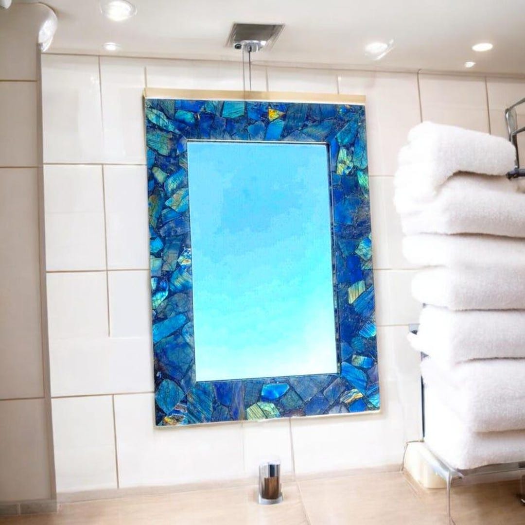 16"x20" Modern Labradorite Wall Hanging Mirror Vanity Top Natural Stone ...