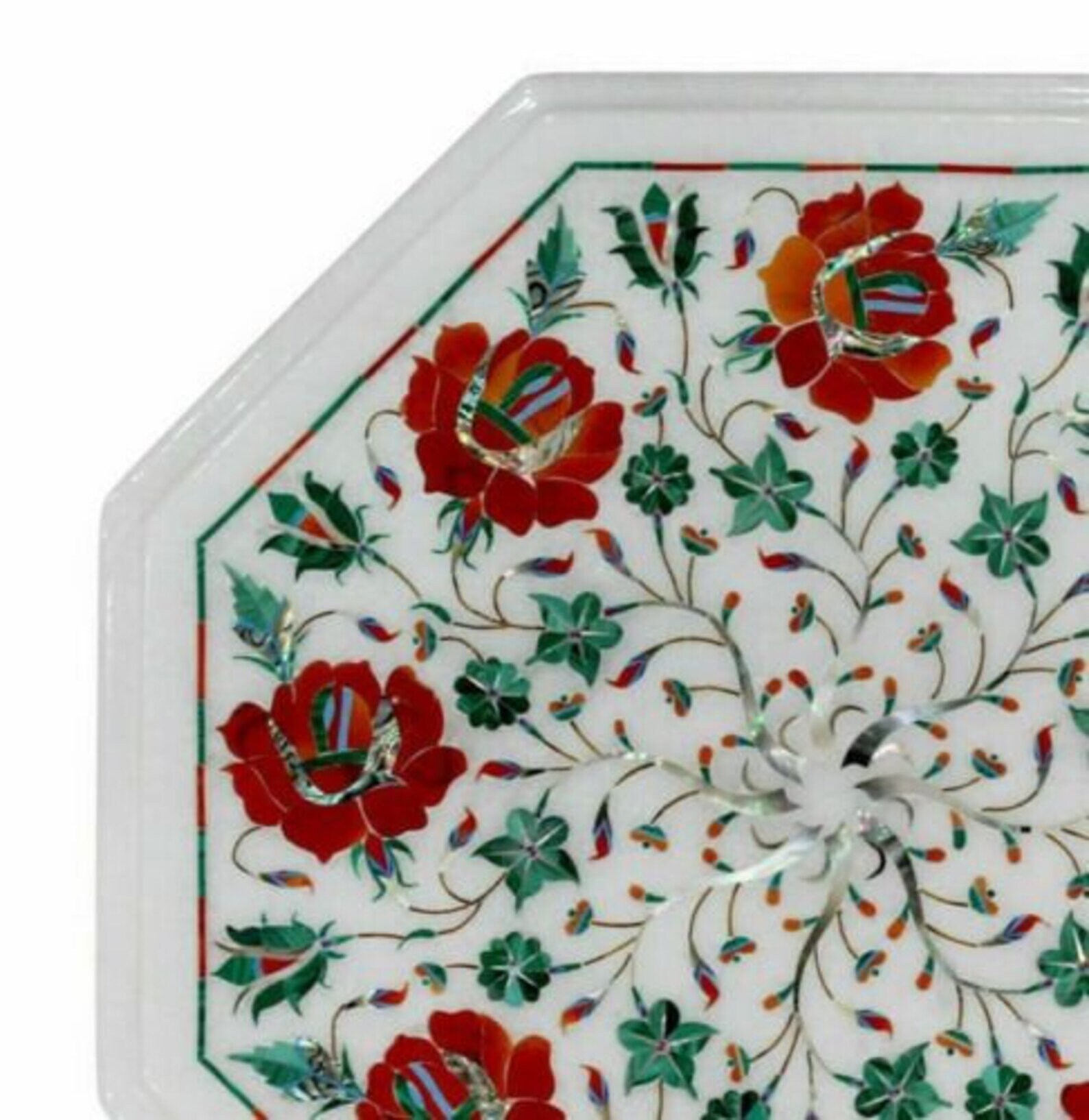 White Marble Corner Side Table Top Handicraft Semi Precious Stones Art ...