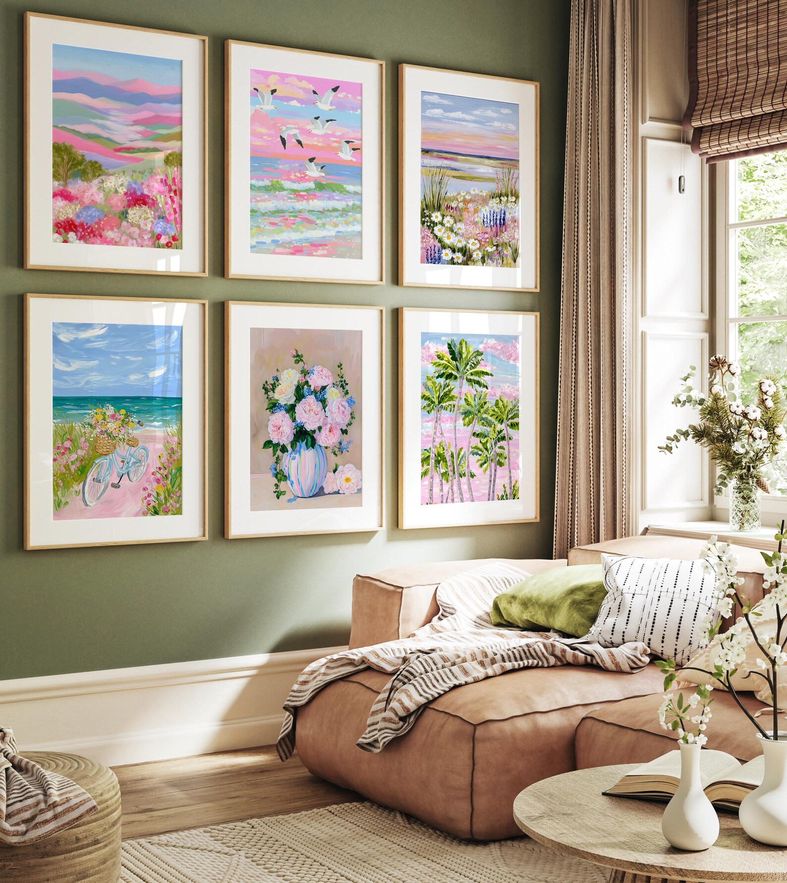 Pastel Coastal Landscape Art Print Set: Floral Beach Gallery Wall ...