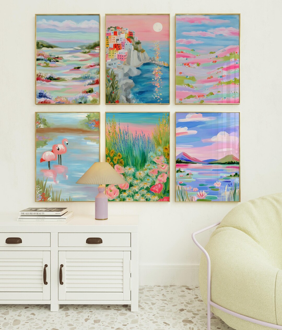 Pastel Coastal Landscape Art Prints: Flamingo, Sea Town Set of 6 ...