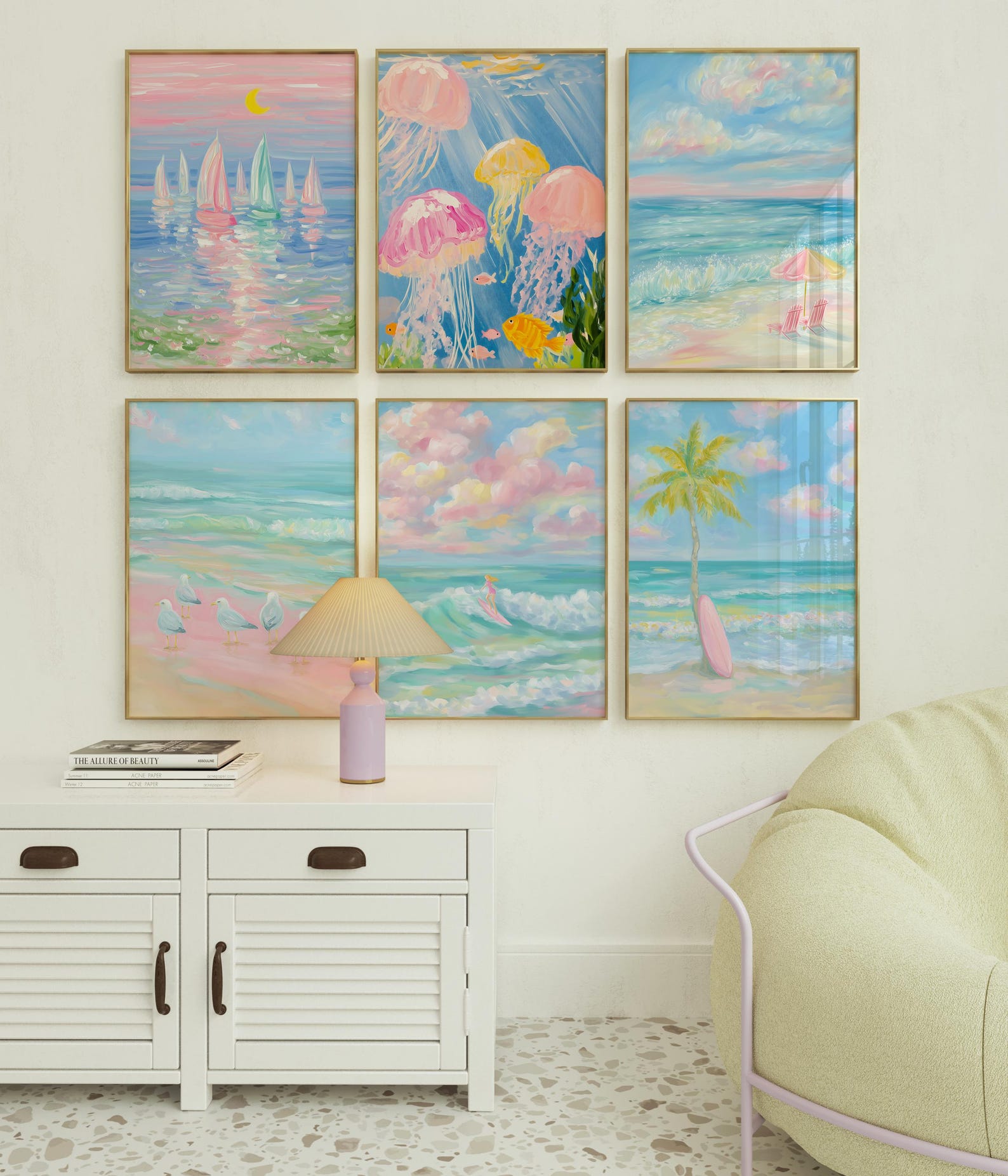 Pastel Coastal Wall Art Set of 6 – Digital Download Ocean Prints, Beach ...