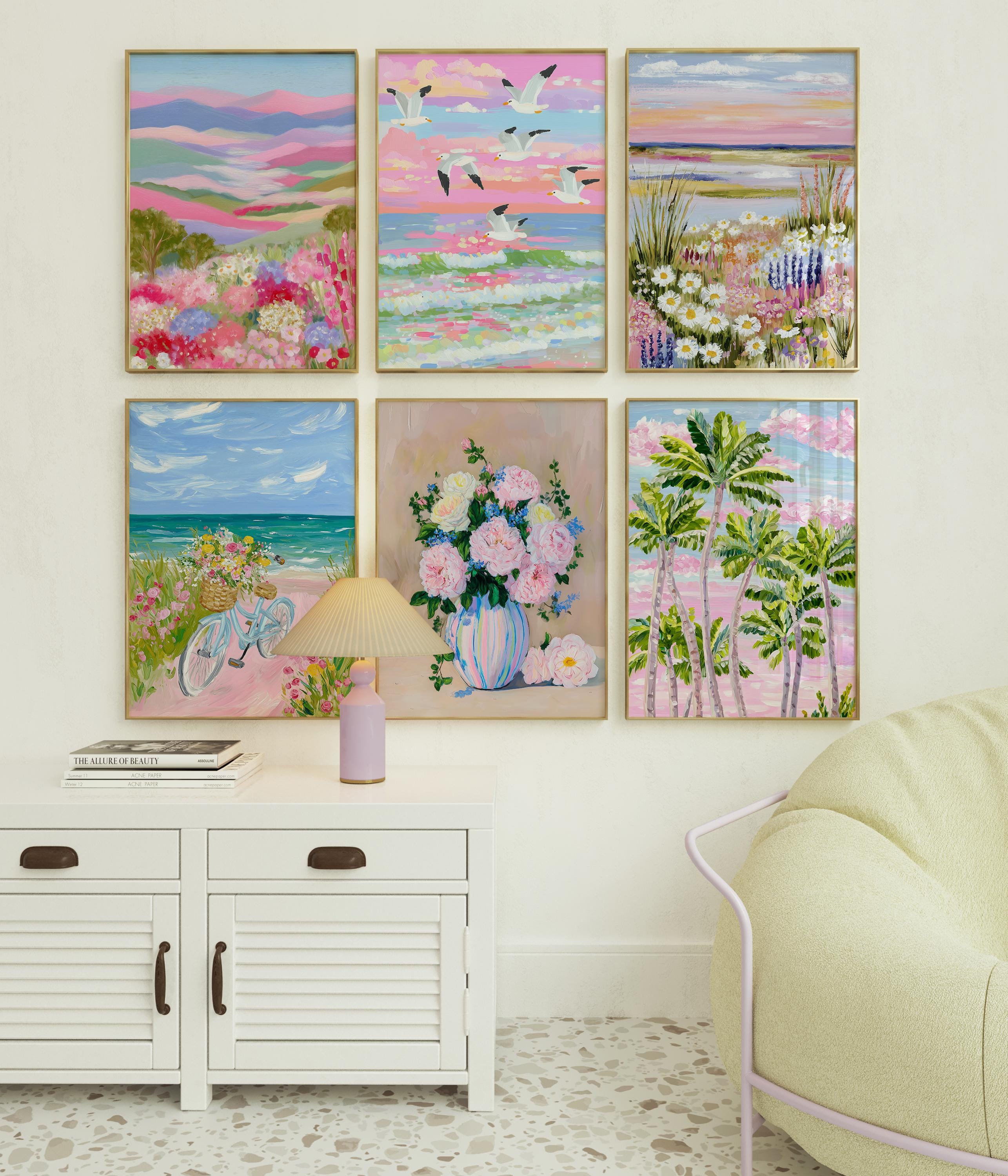 Pastel Coastal Landscape Art Print Set: Floral Beach Gallery Wall ...