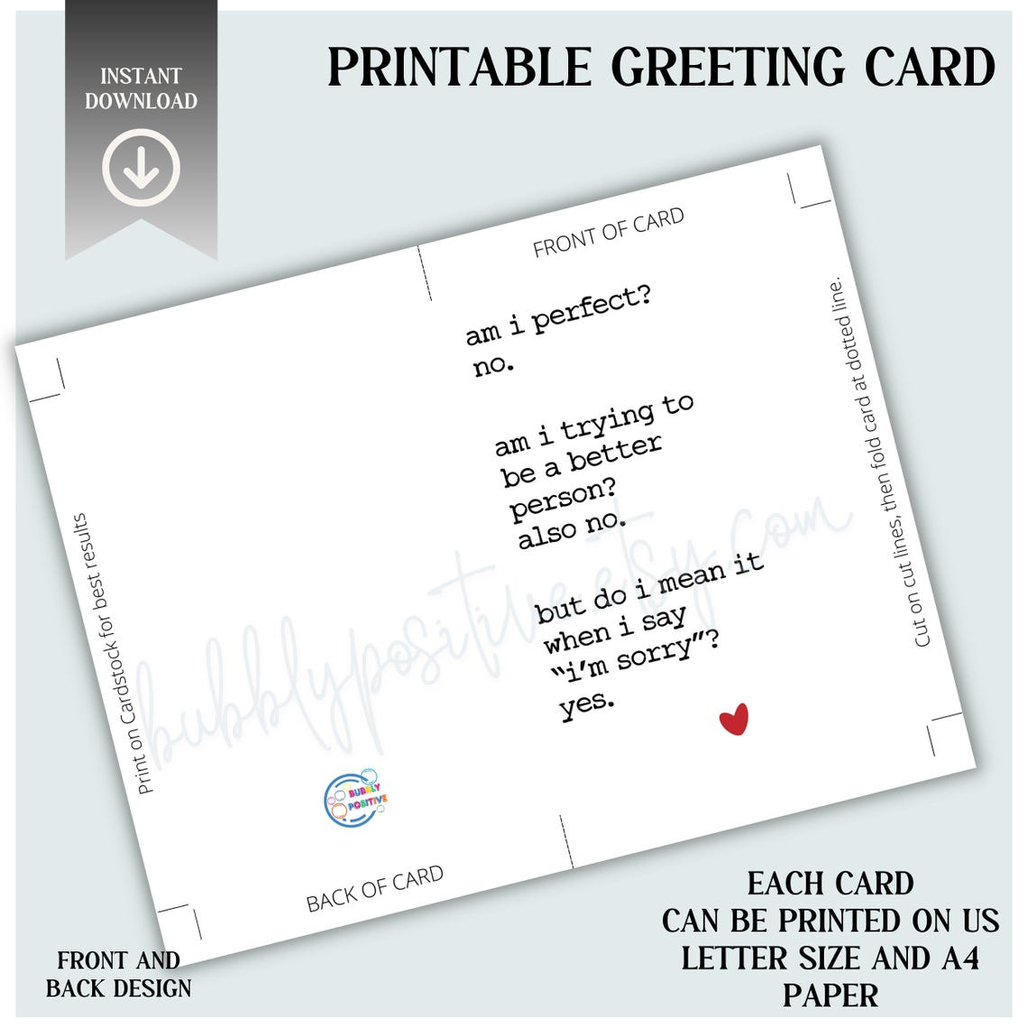 Funny Apology Card: Sincere Printable Sorry Card (digital Download) - Etsy