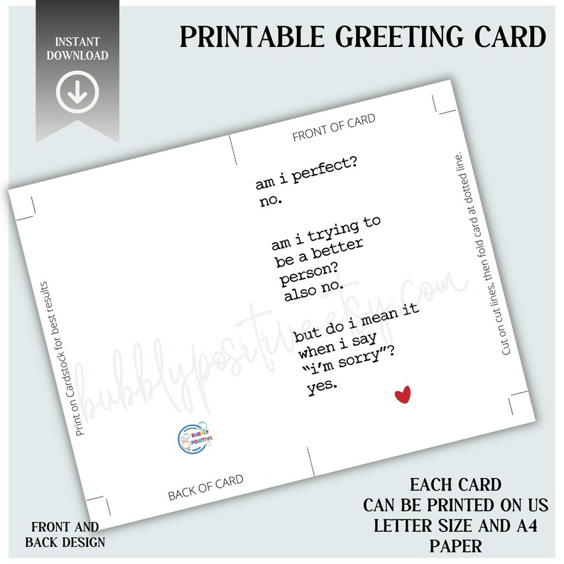 Funny Apology Card: Sincere Printable Sorry Card (digital Download) - Etsy